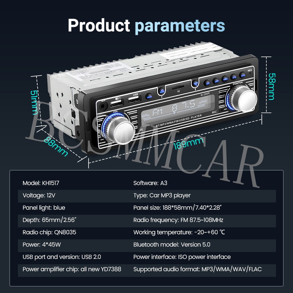 Single 1 Din Car Stereo Radio MP3 Player Bluetooth Audio In-Dash FM AUX ...