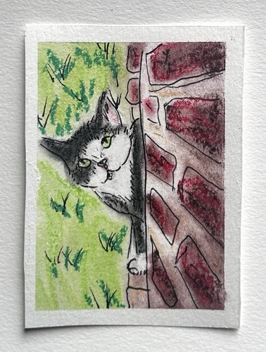 Original ACEO Art, Peek-a-boo Cat, Signed Chalk Pastel Ink Pen Drawing ...