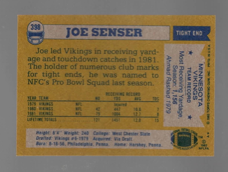 1982 Topps #398 Joe Senser NM/Mint | eBay