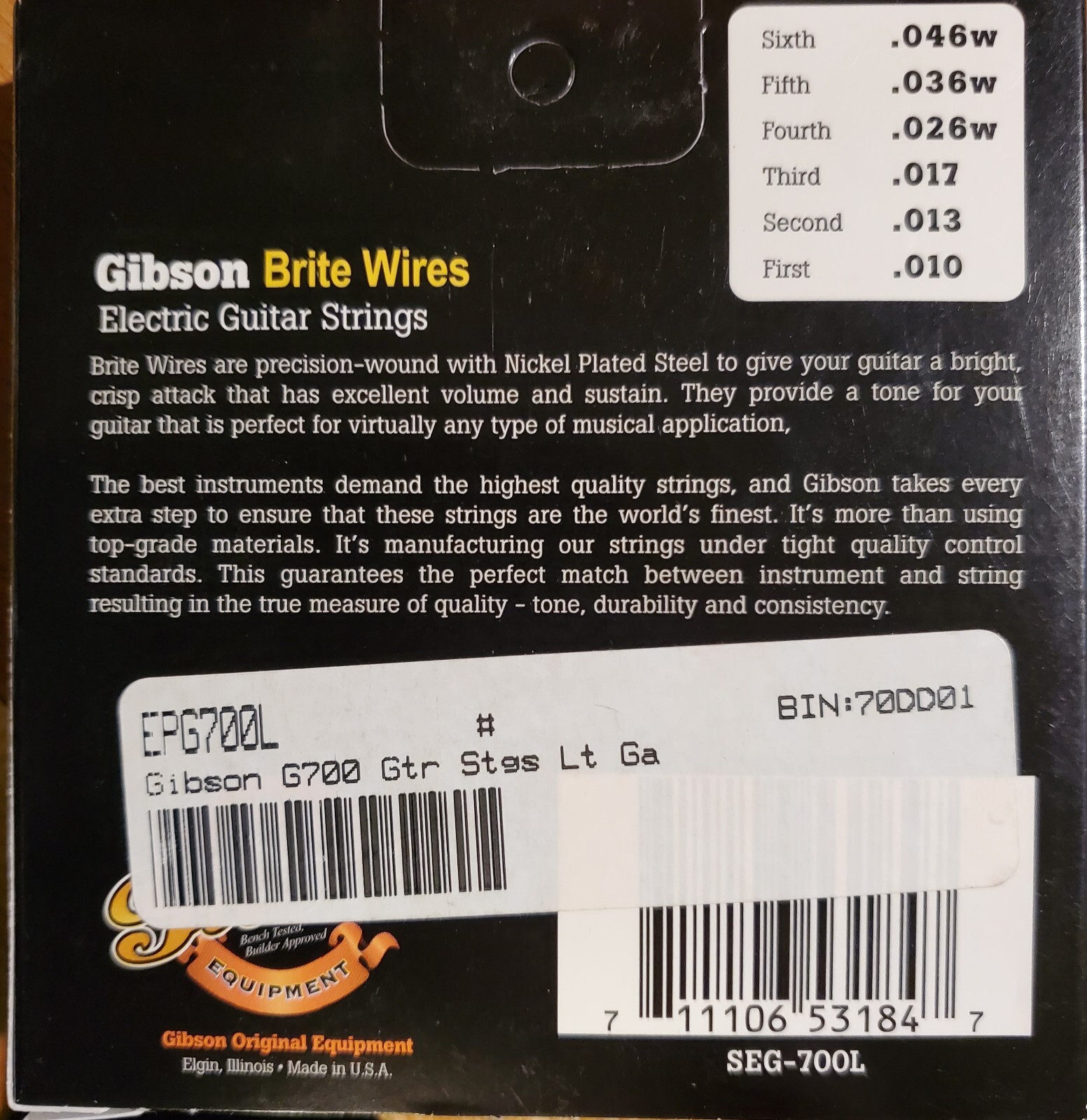 Gibson Pure Brite Wires Light Gauge NPS wound Electric guitar 010-046 ...