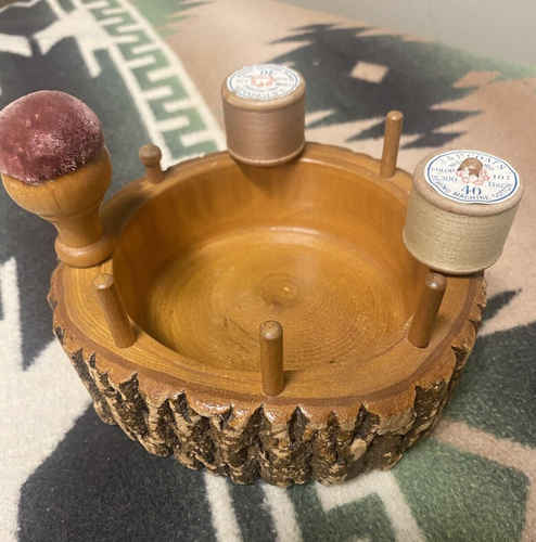 WOODEN SOUVENIR SEWING BOWL WITH PIN PLUNK THIMBLE PEG SPOOL HOLDERS ...