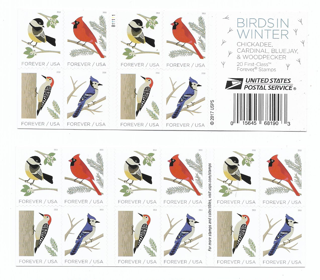 1 BOOKLET of 20 USPS First Class BIRDS IN WINTER Forever Stamps, $15.60 ...