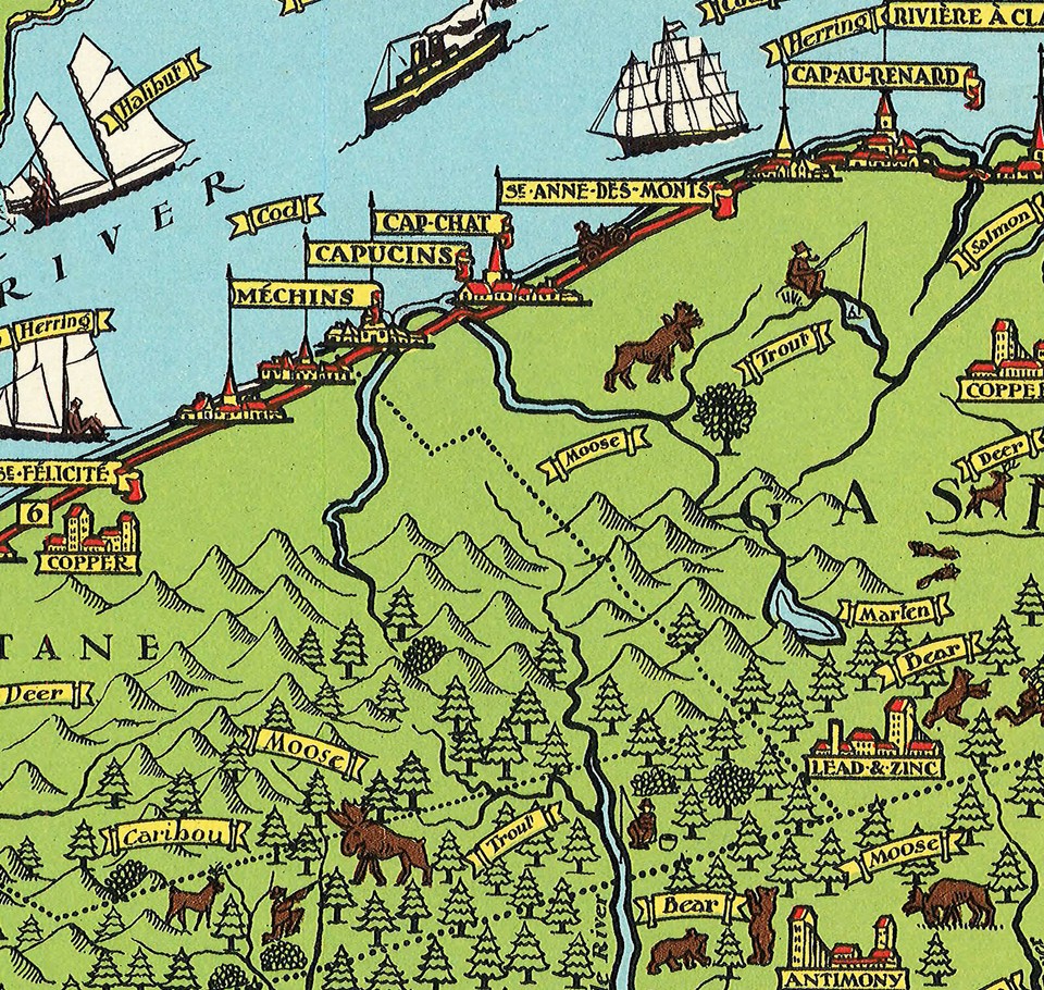 1929 Pictorial Map of the Gaspe Peninsula, Quebec Wall Art Poster Print ...