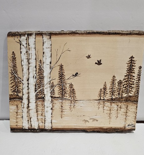 Signed Pyrography Wood Burning Wood Art Birch & Pine Trees Birds Water/A/79 | eBay