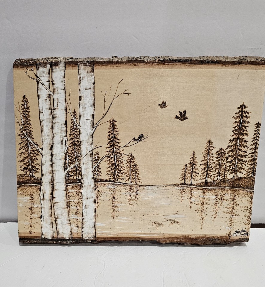 Signed Pyrography Wood Burning Wood Art Birch & Pine Trees Birds Water ...
