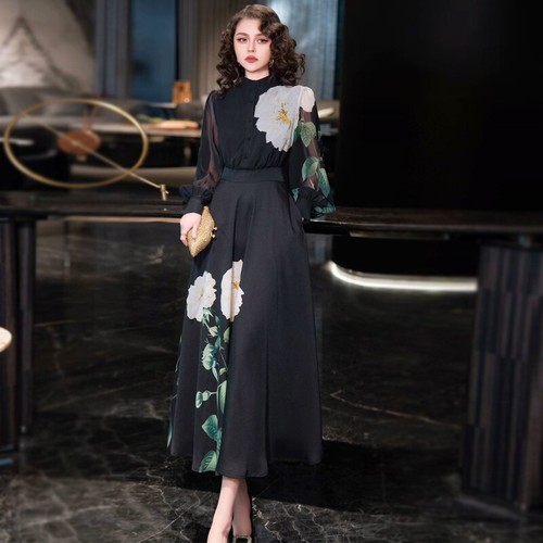 Runway Long Puff Sleeve Chiffon Floral Printed Long Swing Dress Womens ...