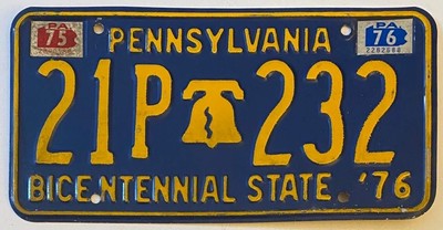 Pennsylvania 1976 BICENTENNIAL STATE License Plate # 21P-232 | eBay