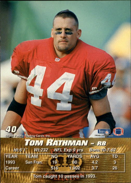 1994 Pacific Football Card #40 Tom Rathman | eBay