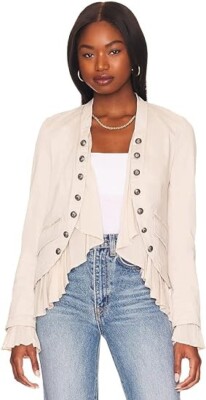 Free People Ruffles ROMANCE Natural Curved Hem Button Boho Military ...