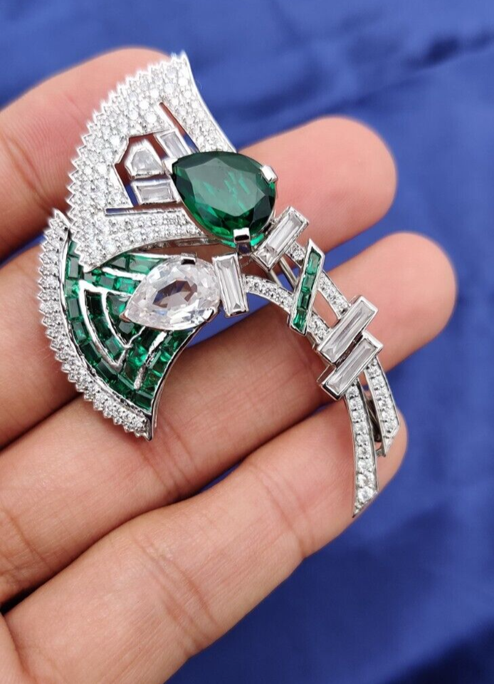 Vintage Art Deco Platinum Plated Emerald Pear Cut Emerald Flower Leaf ...