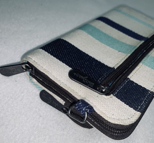 Thirty-One 31 Wallet Three Zipper Blues Denim-look Stripes Canvas Twill ...