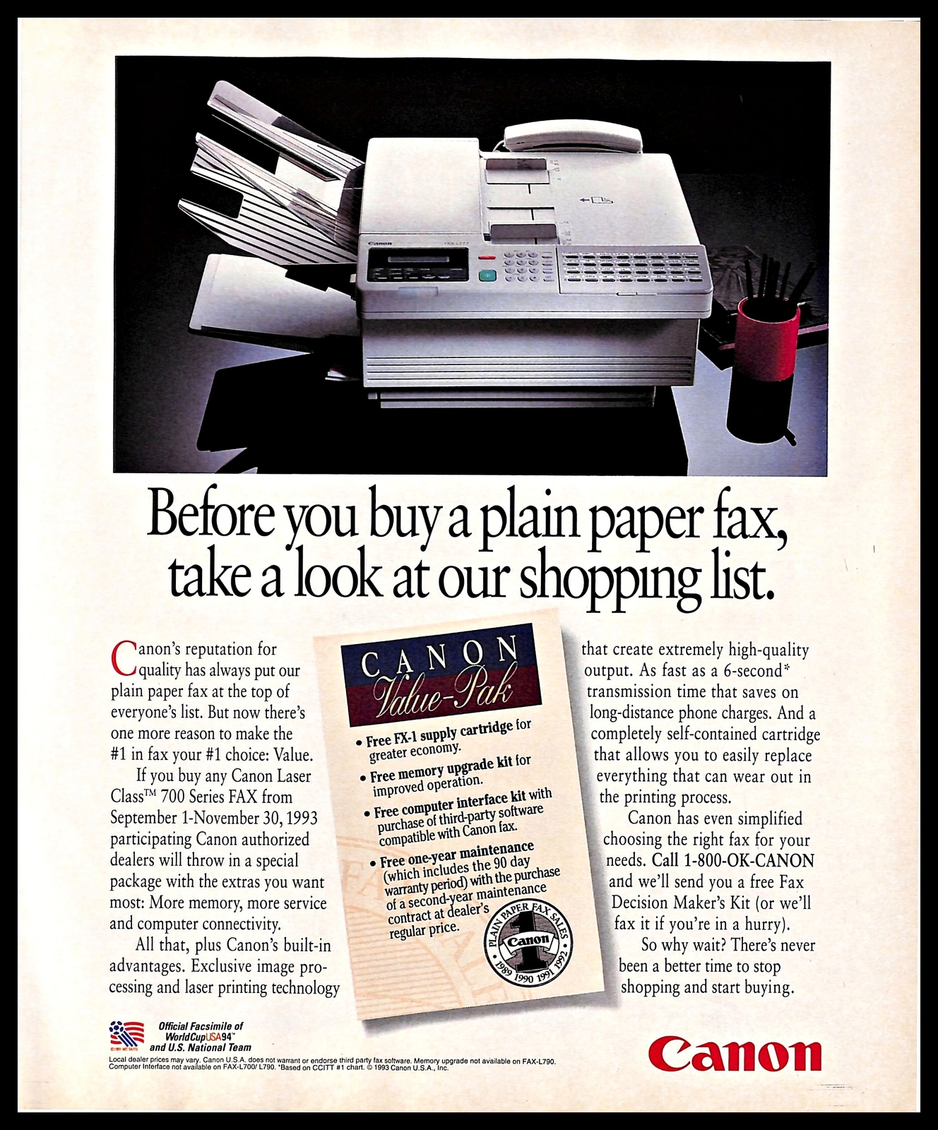 1993 Canon Laser Class 700 Series Fax Vintage PRINT AD Office Equipment ...