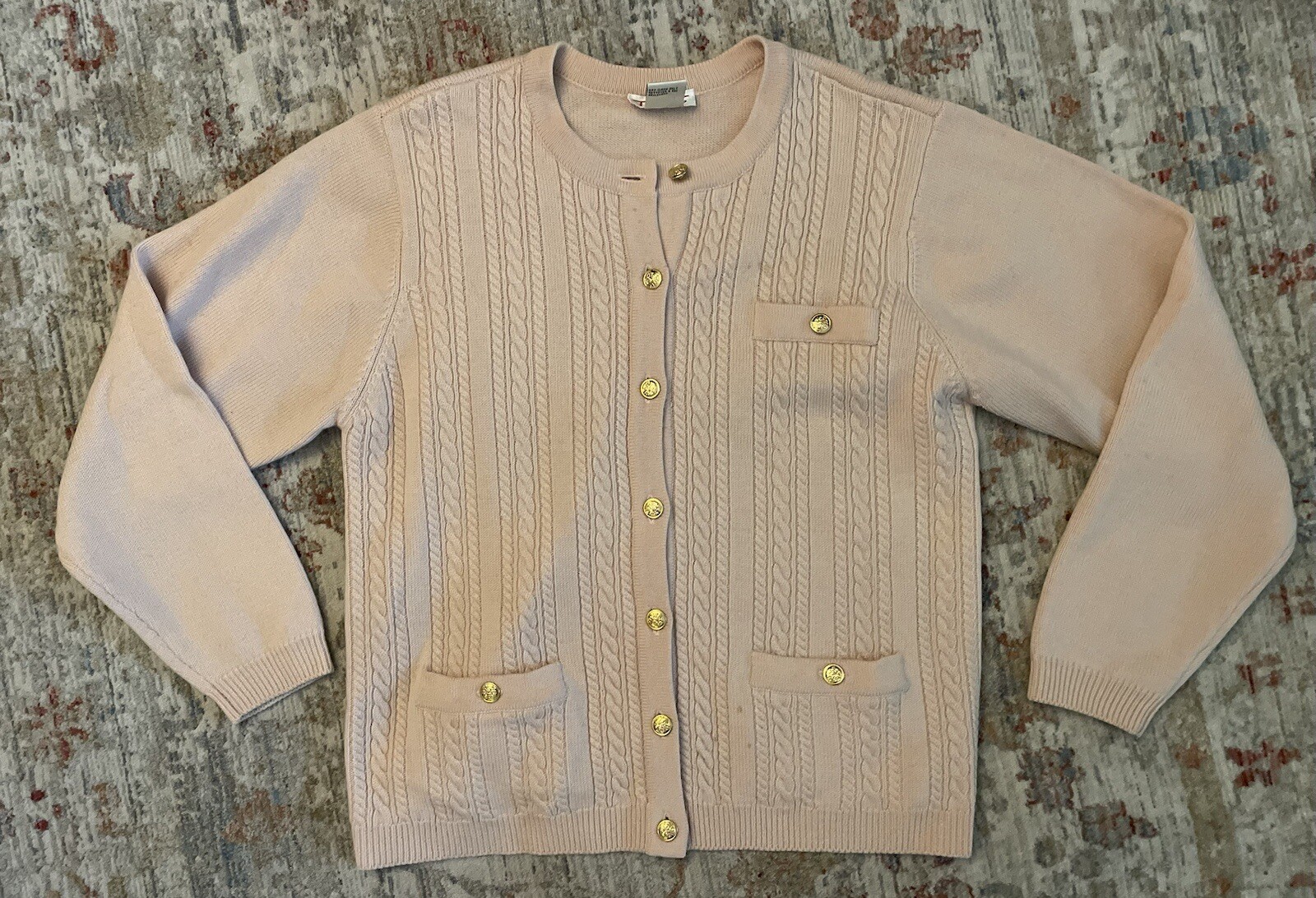 TALBOTS Pink Merino-Wool Cardigan Gold-buttons Pockets Crew Chunky ...