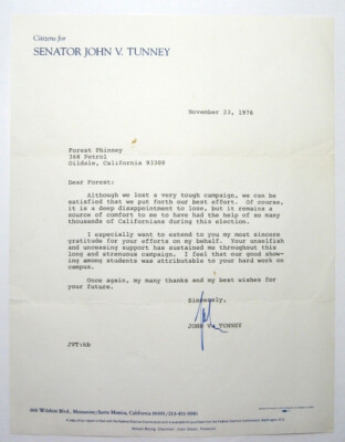 Senator John V Tunney Autographed Signed Letter and Original Envelope ...