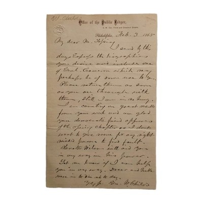 1865 George W. Childs Letter to Historian Benson J. Lossing re: Gen ...