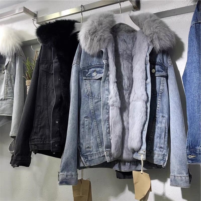 Lady Faux Fur Lined Denim Jacket Warm Coat Thick Fluffy Furry Collar ...