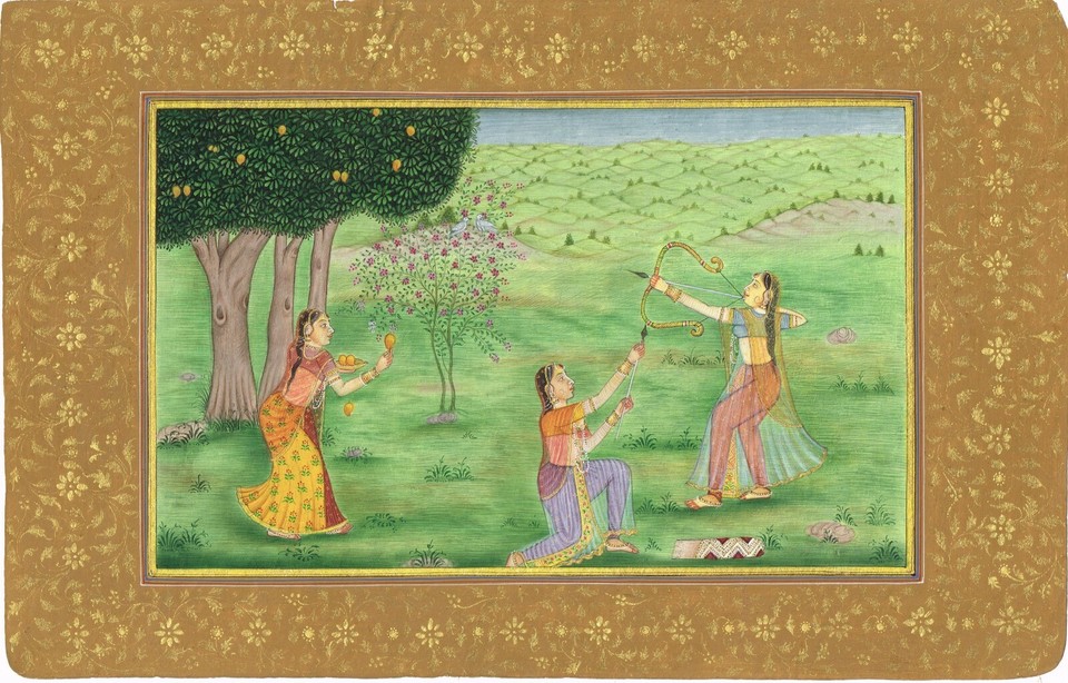 India Miniatura Pittura Un Rajput Principessa da Gioco Con Arco E Freccia | eBay