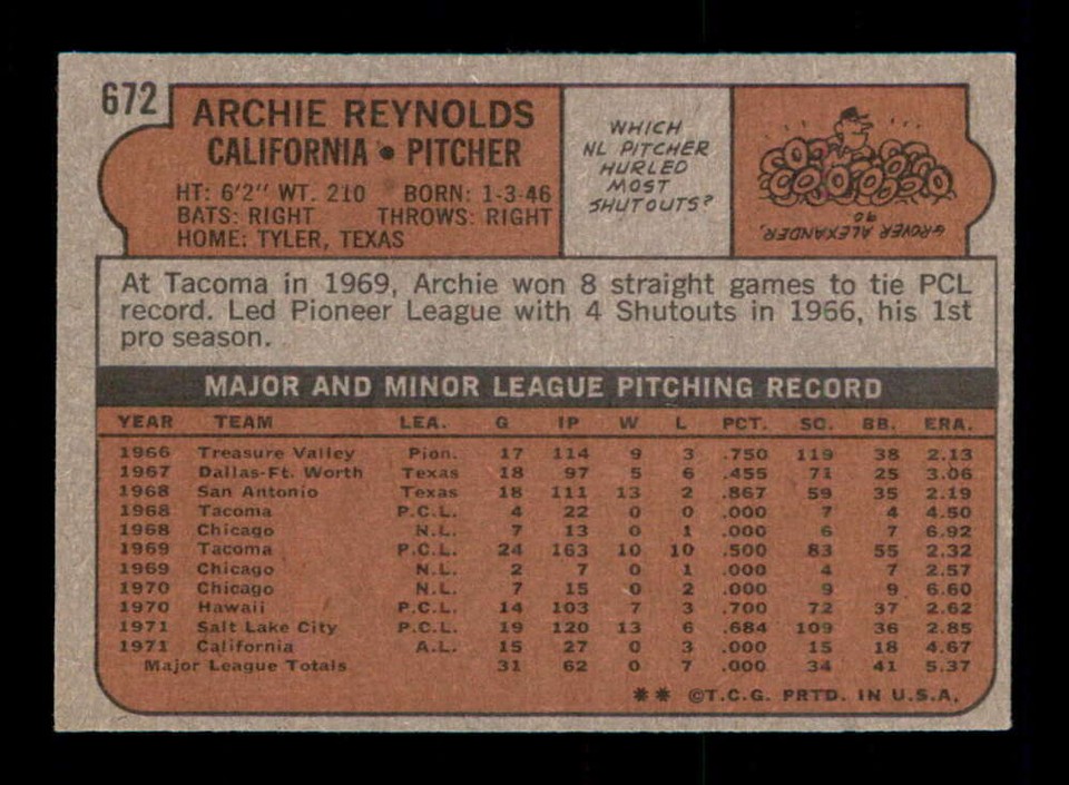 1972 Topps #672 Archie Reynolds NM/NM+ X3208669 | eBay