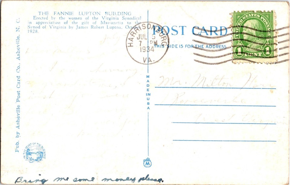 1934 Harrisonburg, Virginia Fannie Lupton Building Massanetta Springs ...