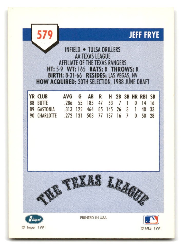 Jeff Frye 1991 Line Drive AA #579 Tulsa Drillers BASEBALL | eBay