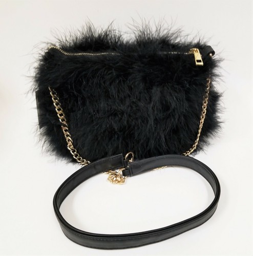 NEW DAROLENE BLACK PLUCKED REAL TURKEY FUR,GOLD TONE ZIP,CHAIN ...