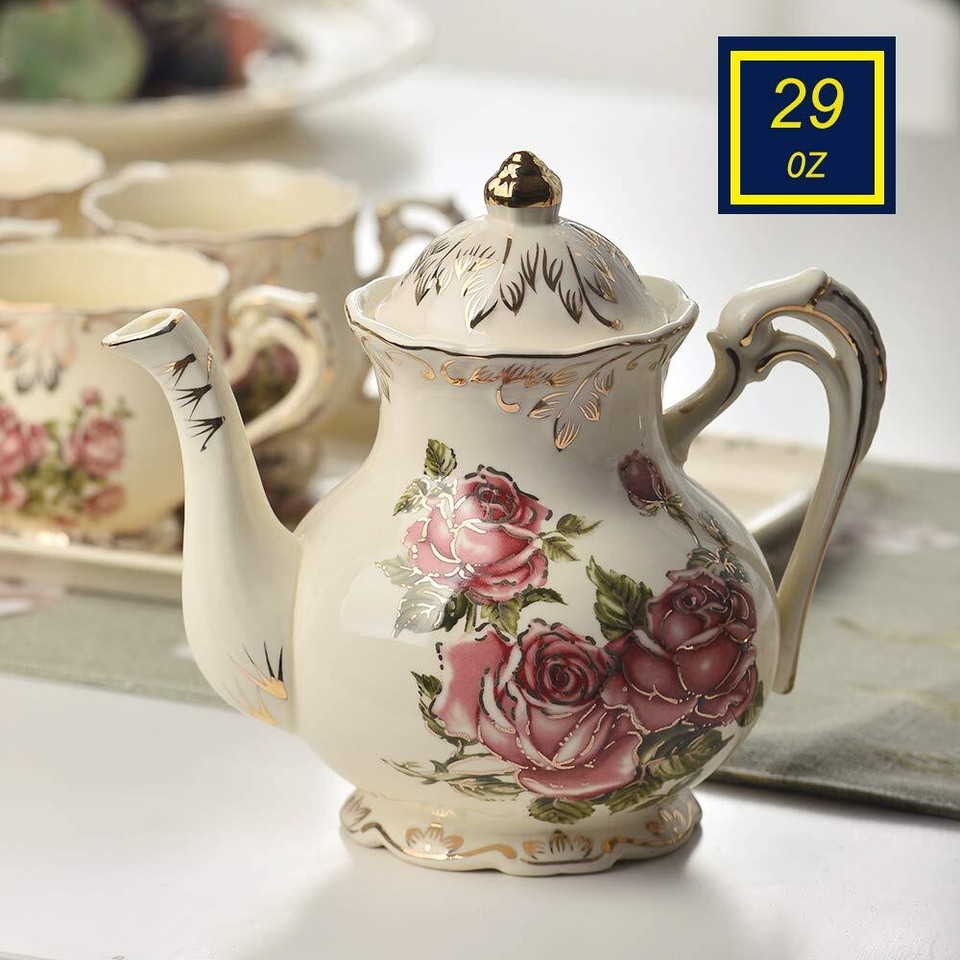 Porcelain Tea Set Vintage Rose Tea Cups With Teapot Serving Tray And ...