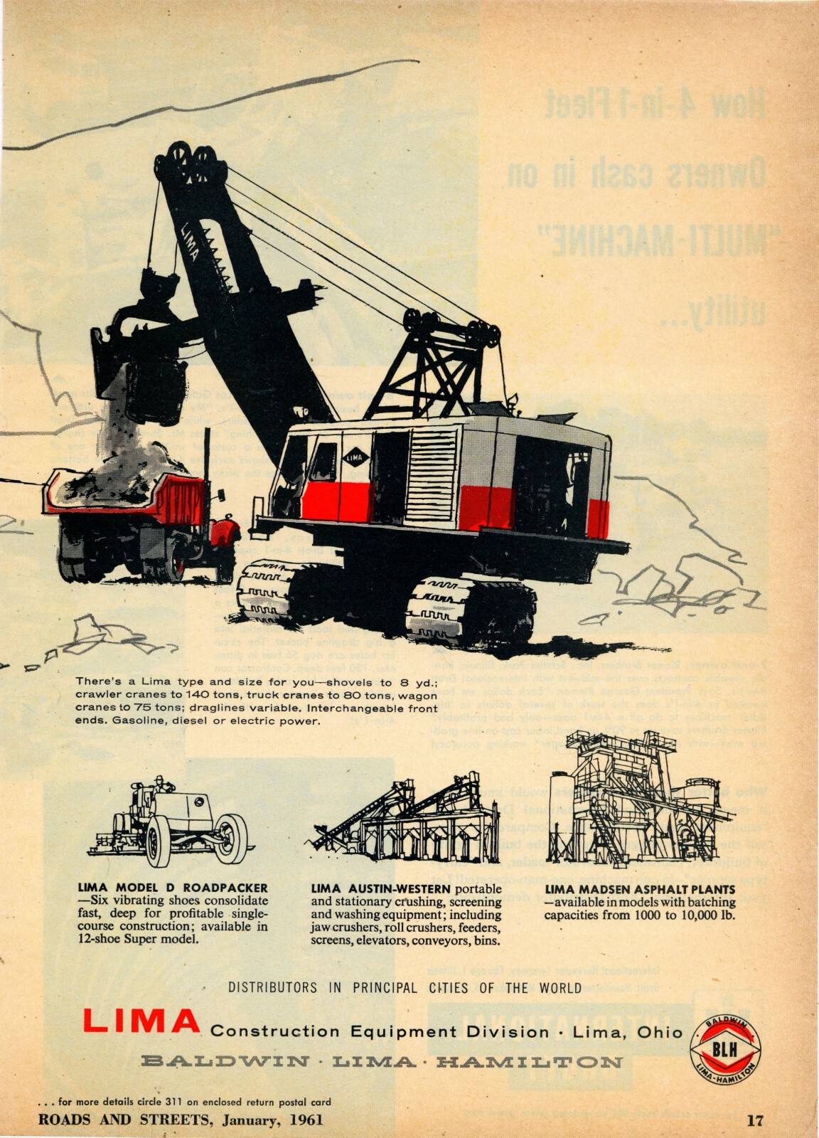 1961 Lima Construction Equipment Ad: Shovels, Model D Roadpacker, Rock ...