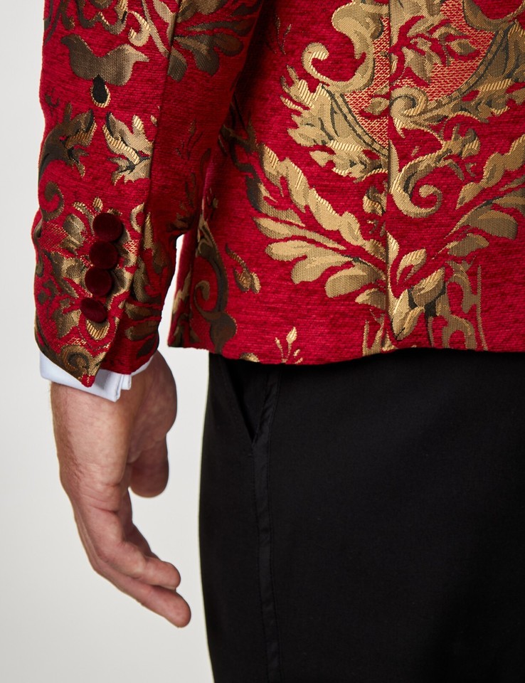 Mens Gold Brocade Paisley Print on Crimson Red Jacquard Jacket Tailored ...