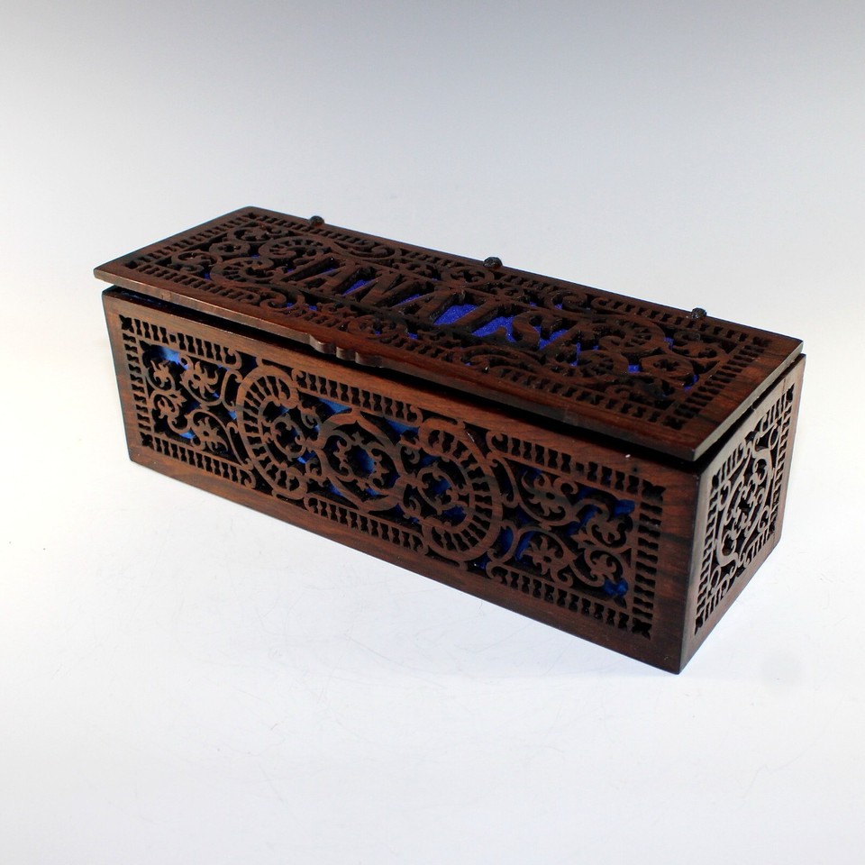 Rare Vintage French Reticulated Wood Box Blue Tufted Lining | eBay
