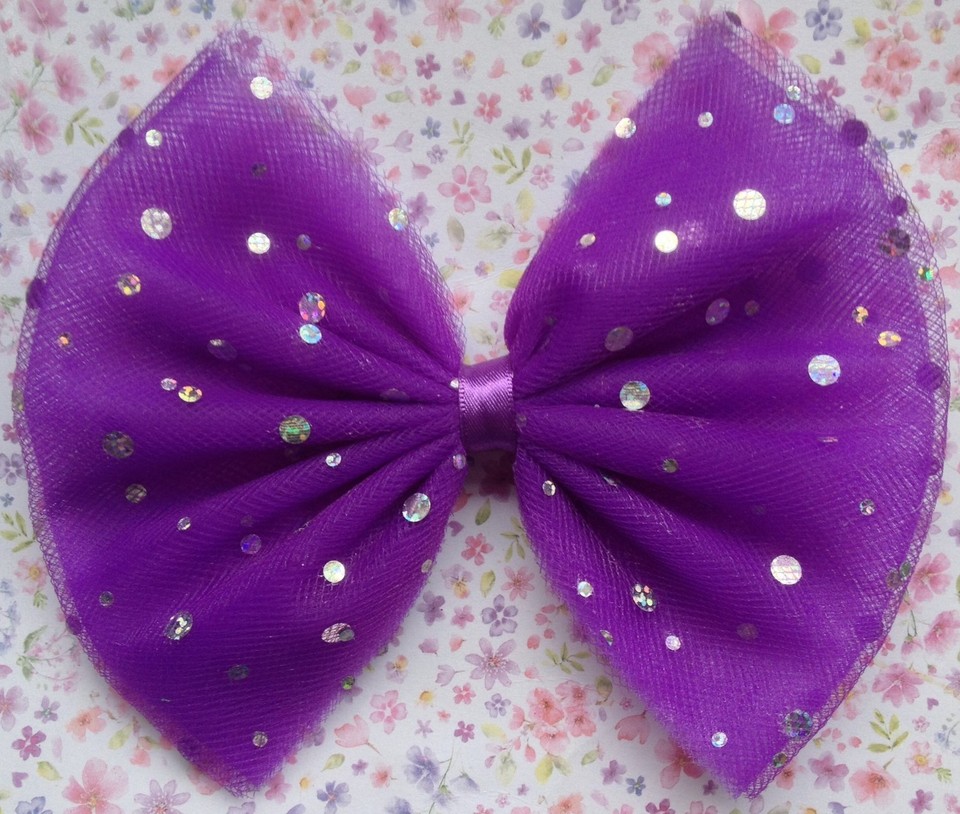 BIG OVERSIZED SPARKLE SEQUIN TULLE BOW HAIR CLIP GRIP 80s STYLE RETRO ...