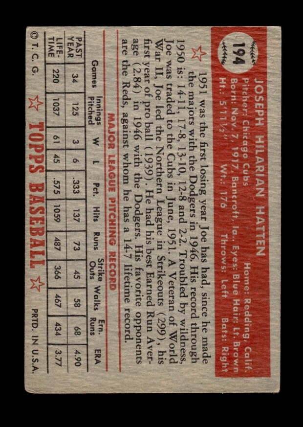 1952 Topps Set-Break #194 Joe Hatton VG-VGEX *GMCARDS* | eBay