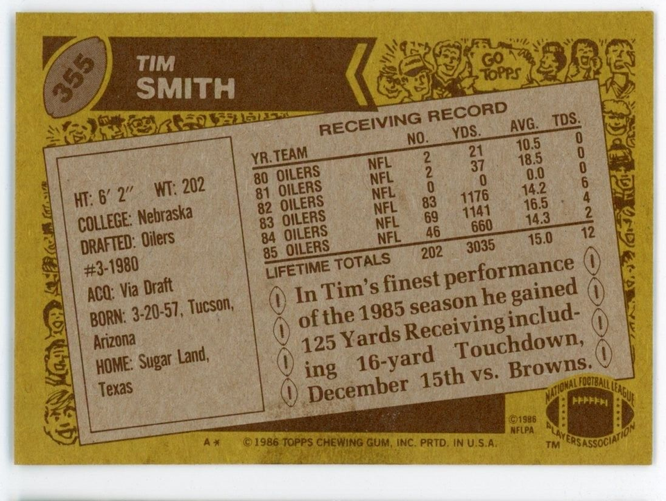 1986 Topps Football Card #355 Tim Smith OILERS | eBay