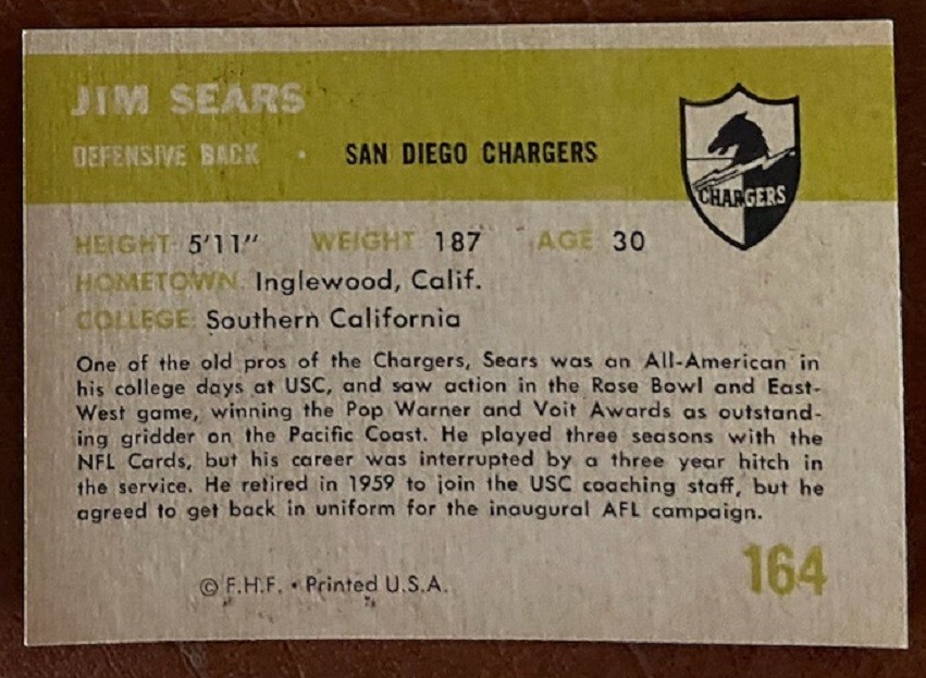 1961 Fleer Football Jim Sears #164! Low Shipping for Multiple Items! | eBay