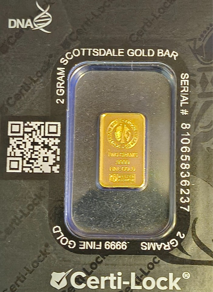 SCOTTSDALE MINT 2 GRAM GOLD BAR IN ASSAY W/CERTI-LOCK/SLEEVE .9999 Fine ...