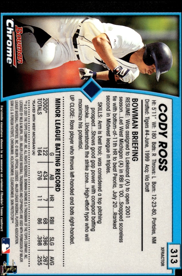 2001 Bowman Chrome Card #313 Cody Ross Rookie X-Fractor Detroit Tigers ...