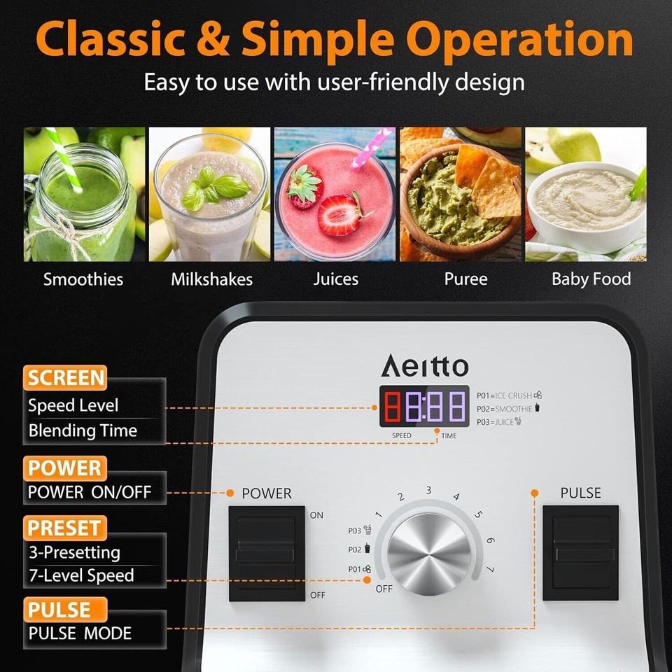 Aeitto Professional Blender 1500W 68 Oz Large Capacity - Silver/Black ...