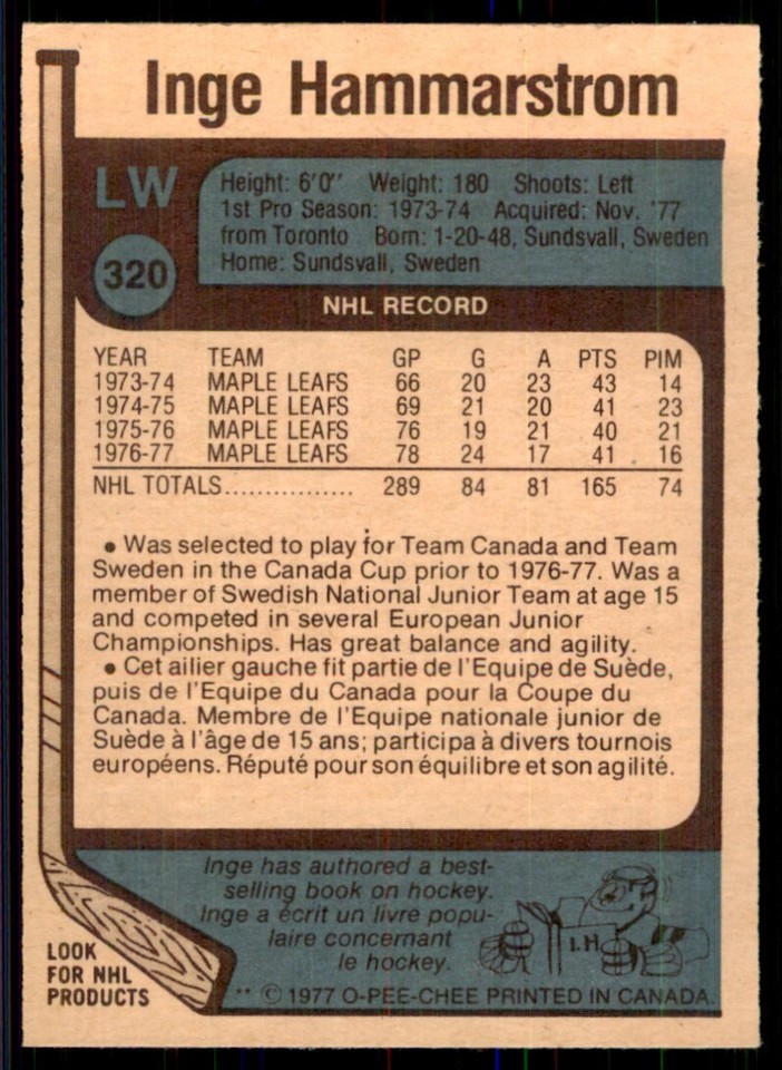 1977-78 O-Pee-Chee Inge Hammarstrom St. Louis Blues #320 | eBay