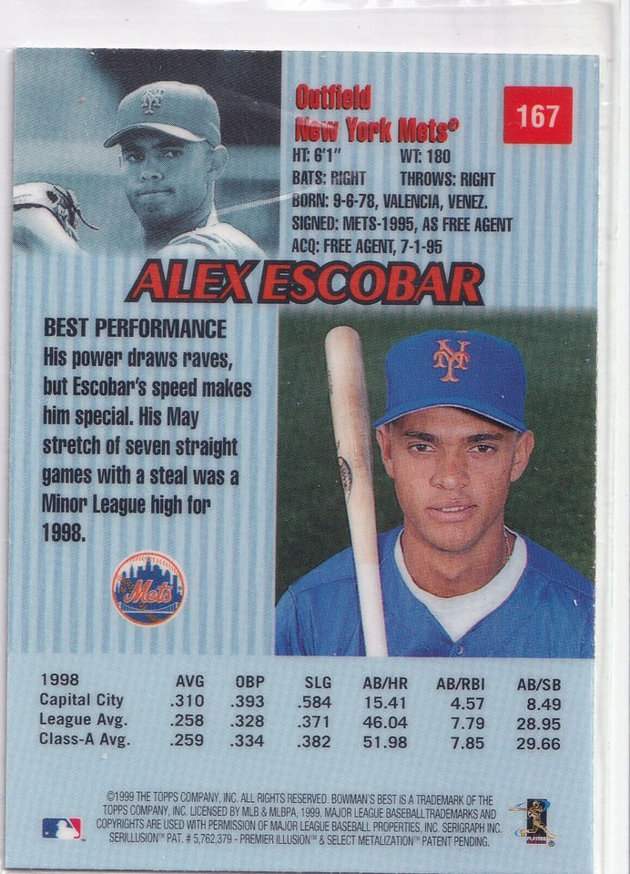 1999 Bowman #167 Alex Escobar MLB New York Mets Rookie Card | eBay