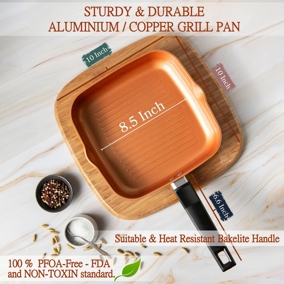 Moss & Stone Square Grill Pan For Indoor Cooking 9.5In Frying Pan ...