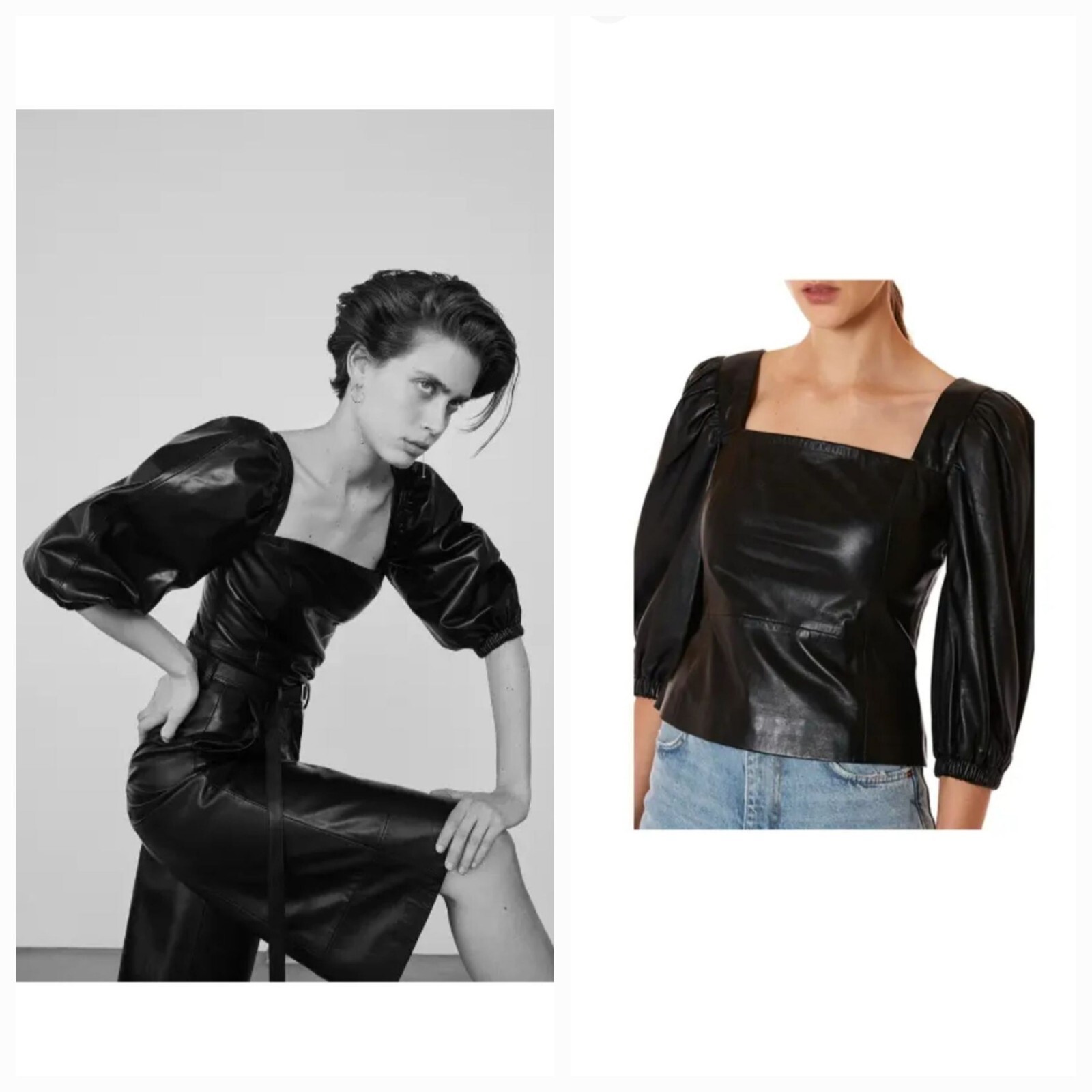 Nour Hammour Bella black leather princess sleeve square neck top NWT ...