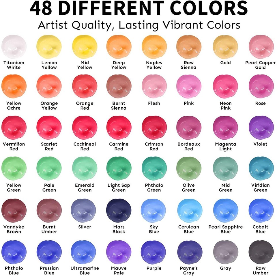VibrantArt 48-Color Acrylic Paint Set with 12 Brushes - Premium Art ...