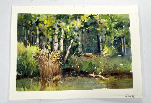 Pond Plants & Trees Impressionist Watercolor Painting Jan Boelte 5x7 ...