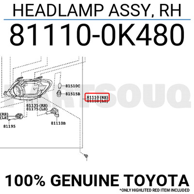 811100K480 Genuine Toyota HEADLAMP ASSY, RH 81110-0K480 | eBay