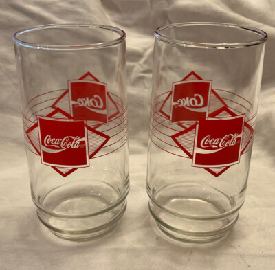 2 Coca Cola Drinking Glass Cup Red Coke Logo Stripe Ripple Bottom ...