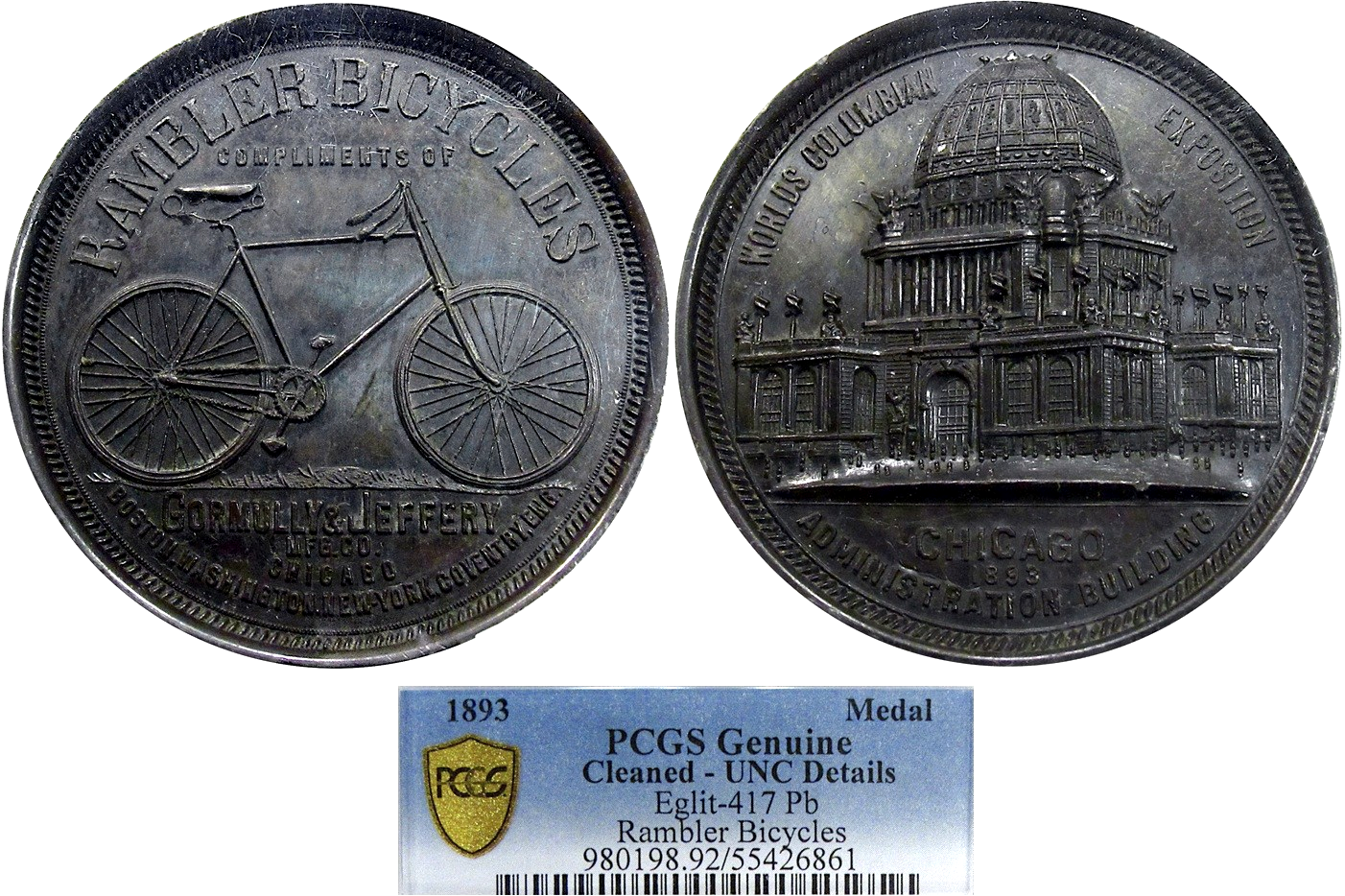 USA MEDAL 1893 EGLIT-417 69MM RAMBLER BICYCLE COLUMBIAN EXPO ~ PCGS UNC ...