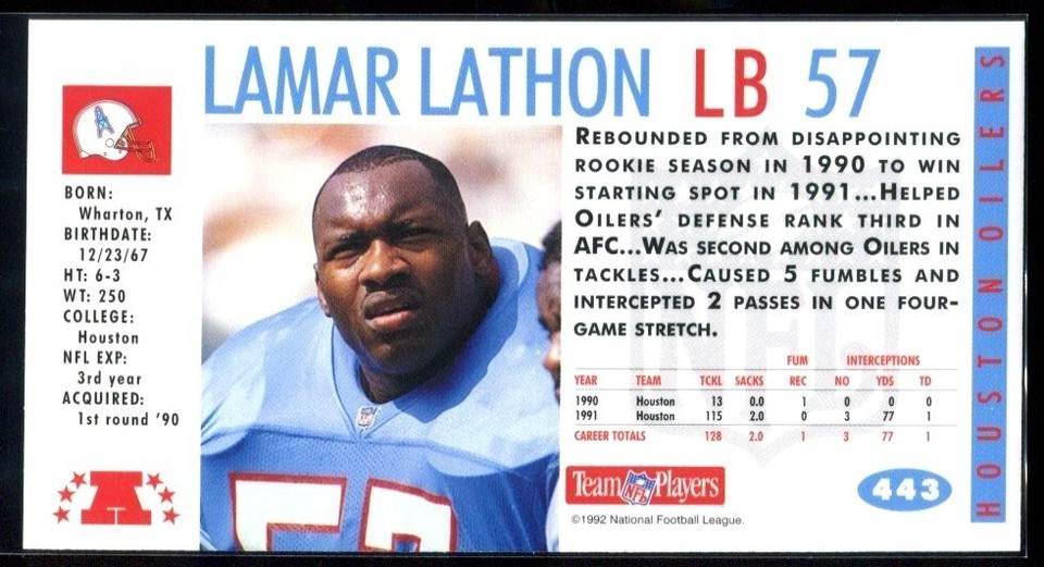 1992 GameDay Tall Boy Football Lamar Lathon #443 Houston Oilers | eBay