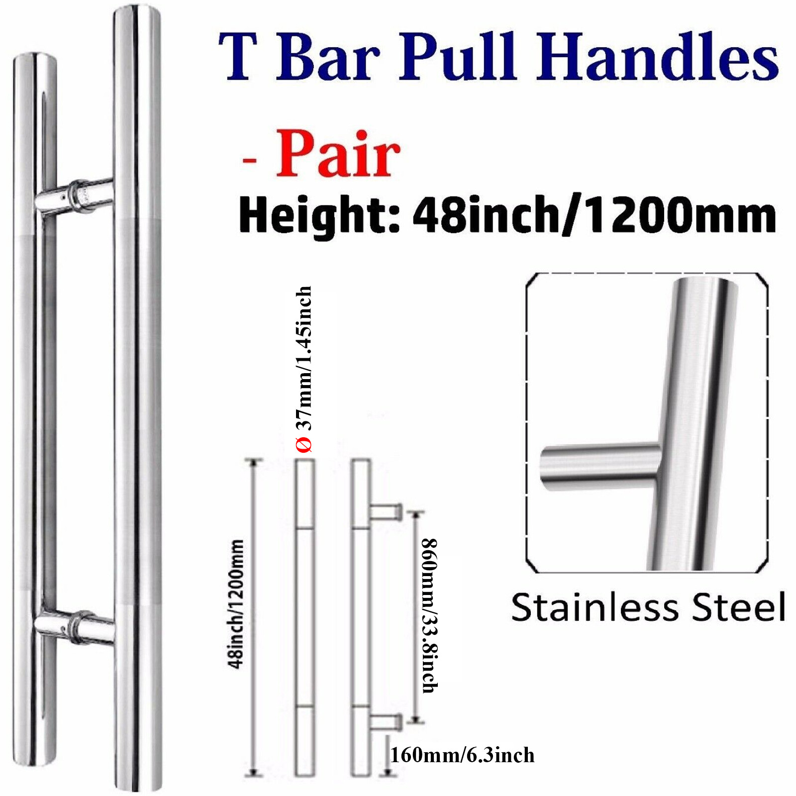 Pair Of Entrance Large T Bar Door Pull Handle 48"/ 120cm /1200mm ...