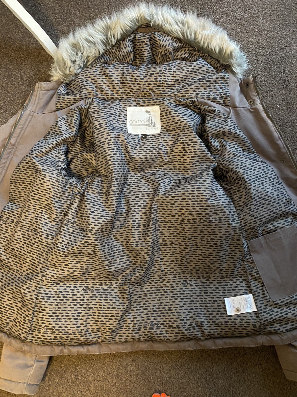 Animal Puffer Padded Jacket Fur Hooded Parka Coat Size 8 S Khaki Brown ...