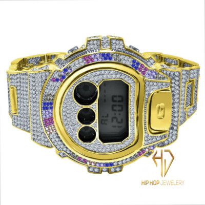 2 Tone Men Real Custom G-Shock Rainbow Simulated Diamond Watch+ Bezel ...