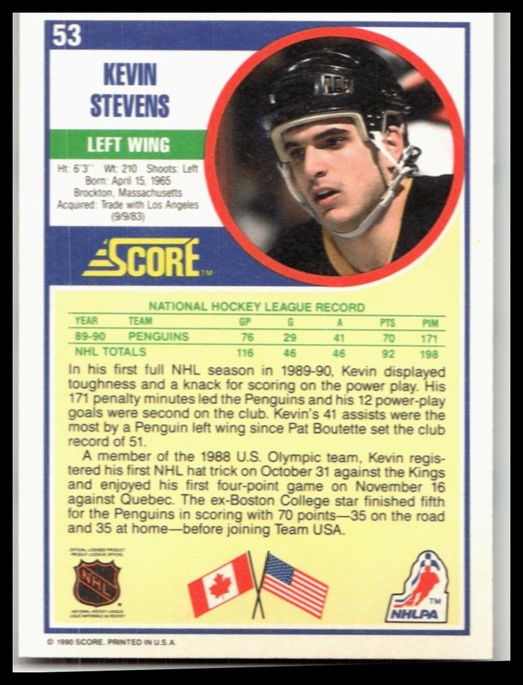 1990-91 Score American #53 Kevin Stevens Pittsburgh Penguins Rookie | eBay